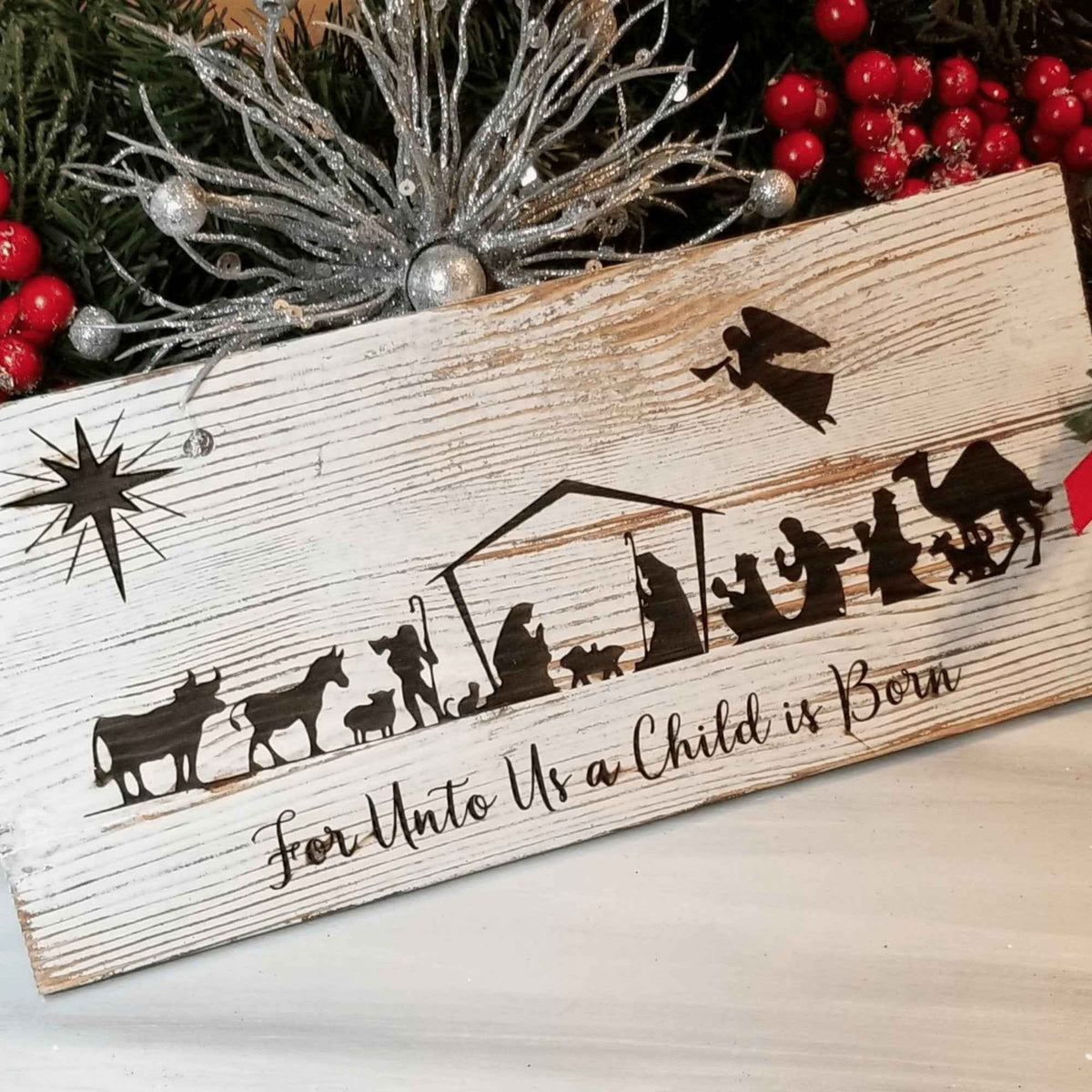 Rustic Farmhouse Christmas Nativity Scene Sign ~ Jesus Birth with Ange ...